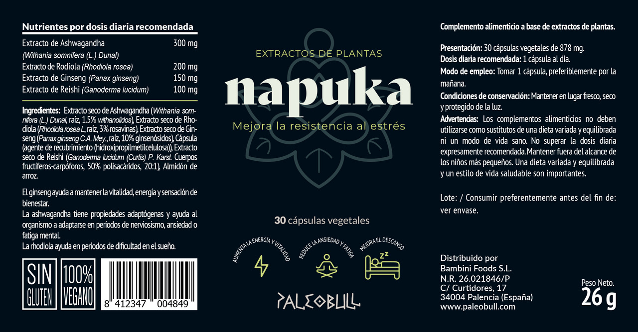 Napuka con Ashwagandha, Rodiola y Ginseng – Paleobull